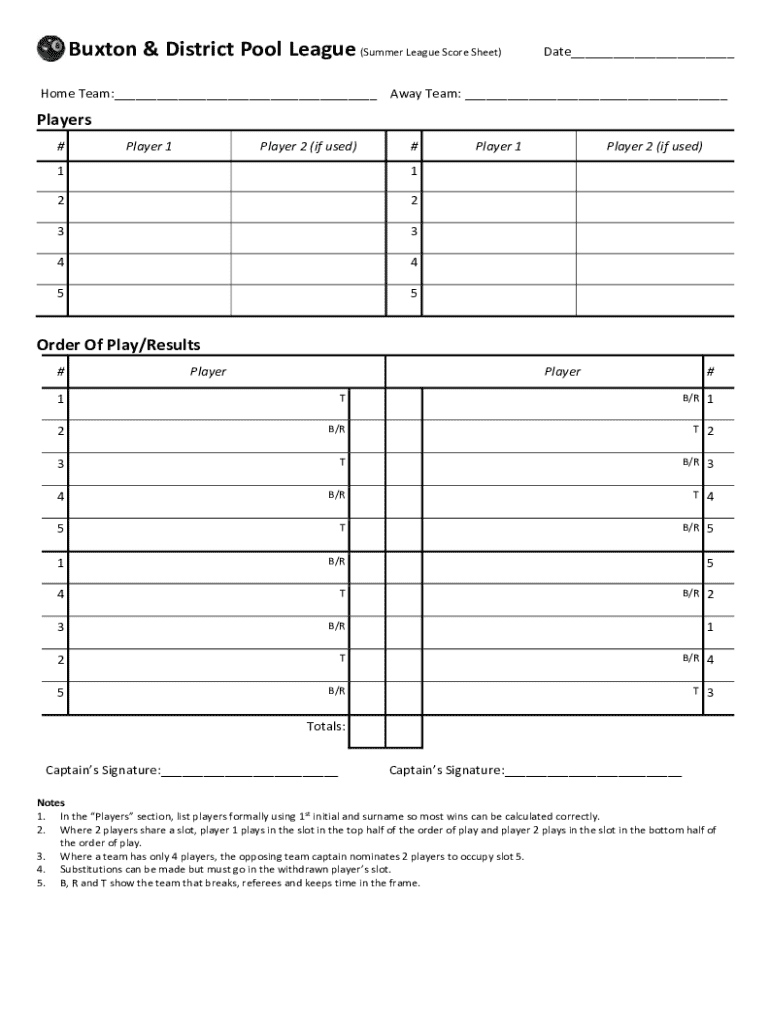 Fillable Online BDPL Summer League Score Sheet Fax Email Print - pdfFiller