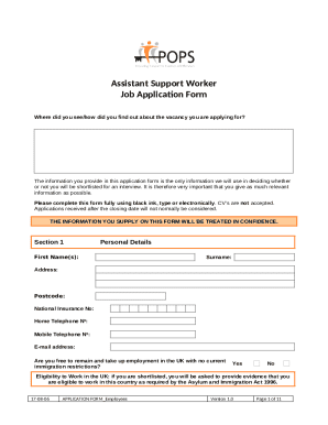 Assistant Support Worker Job Application Doc Template | pdfFiller