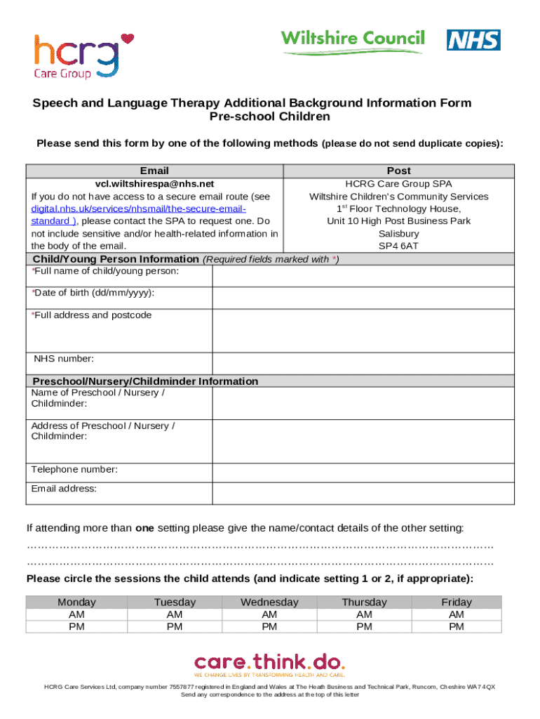 Speech and Language Therapy Additional Background Ination Doc Template | pdfFiller