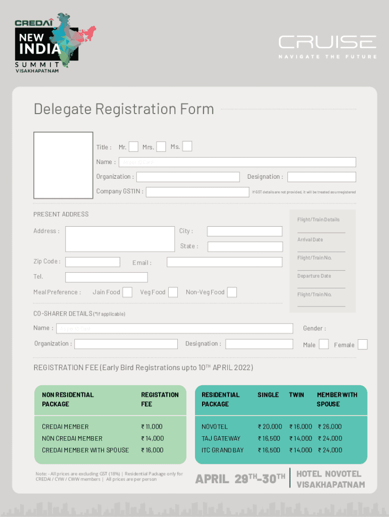 Fillable Online Delegate Registration Form for New India Summit 2022 in Visakhapatnam Fax Email ...