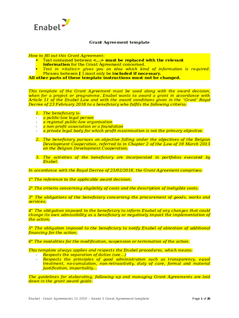 Grant Agreement Template Doc Template | pdfFiller