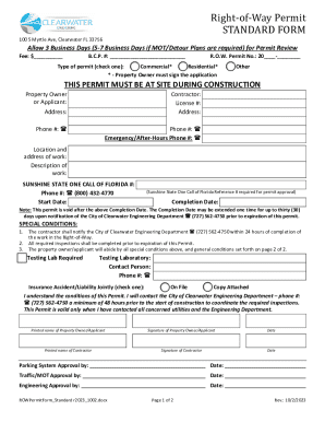 Fillable Online Right-of-way Permit Application 2023 - Clearwater Fl ...