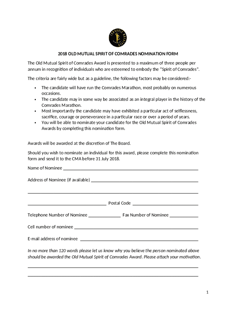 2018 Old Mutual Spirit of Comrades Nomination Doc Template | pdfFiller
