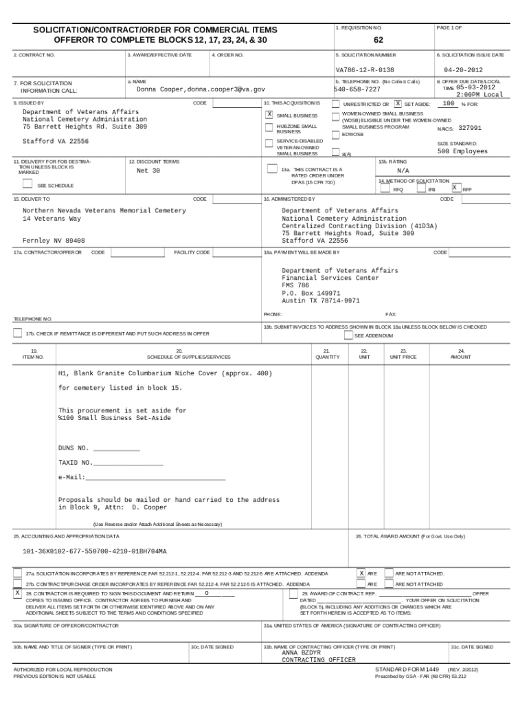 Sf 1449 Solicitation/contract/order for Commercial Items Doc Template ...