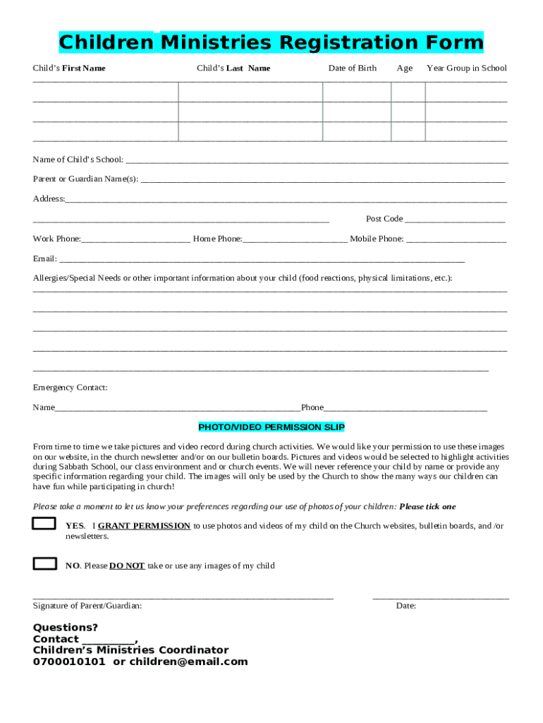 Children Ministries Registration Doc Template | pdfFiller
