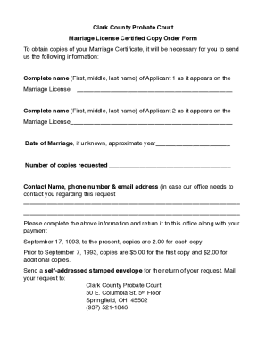 Fillable Online Clark County Marriage License Certified Copy Order Form ...