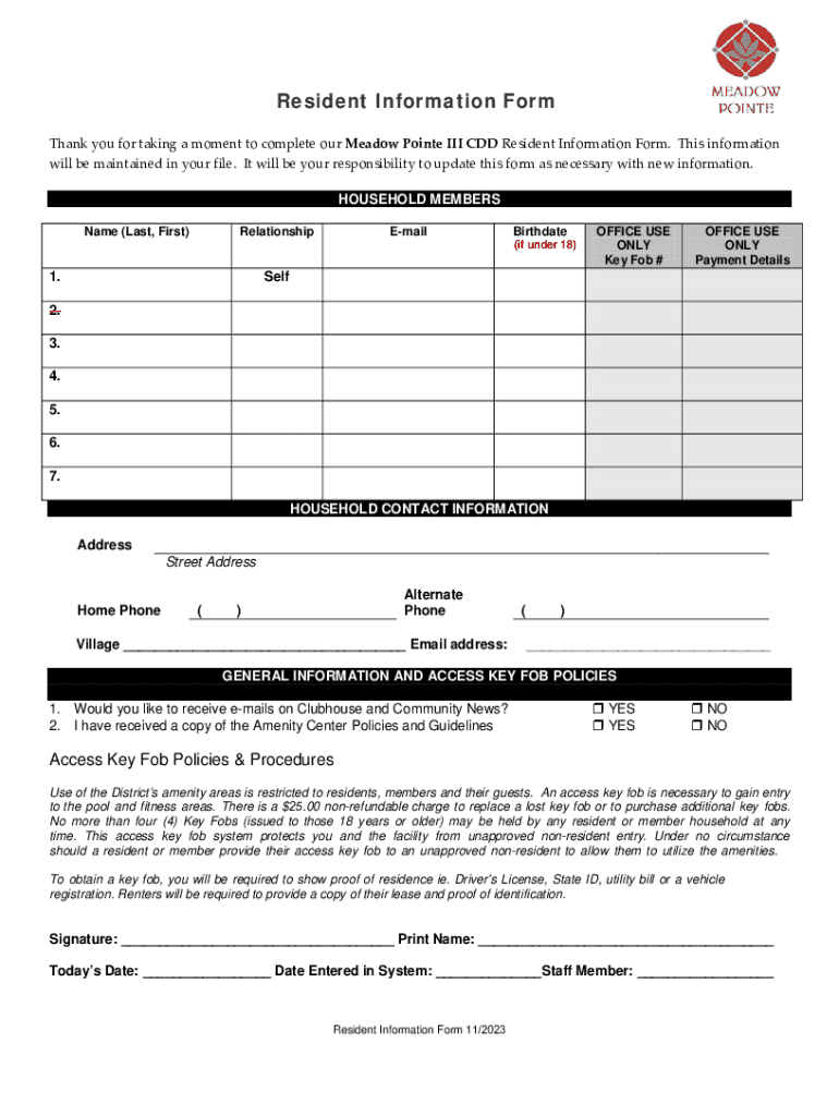 Fillable Online Meadow Pointe Iii Cdd Resident Information Form 2023 ...