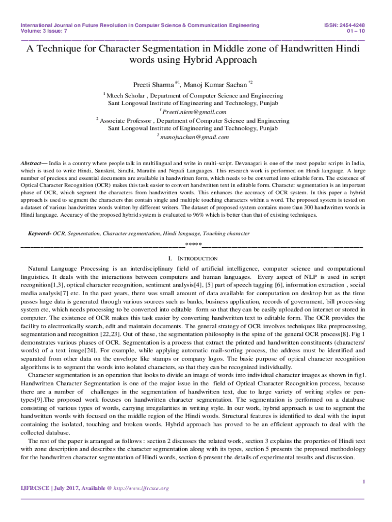 Fillable Online A Technique For Character Segmentation In Middle Zone Of Handwritten Hindi Words