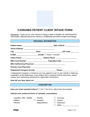 Cannabis Patient Client Intake Doc Template | pdfFiller