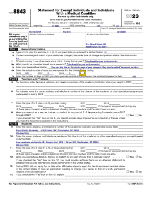 Fillable Online Form 8843: Statement for Exempt Individuals and Medical ...