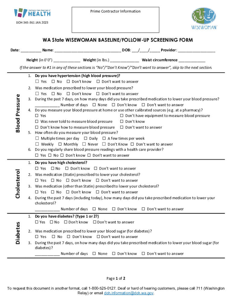 Fillable Online WA State WISEWOMAN Baseline/Follow Up Screening Form ...