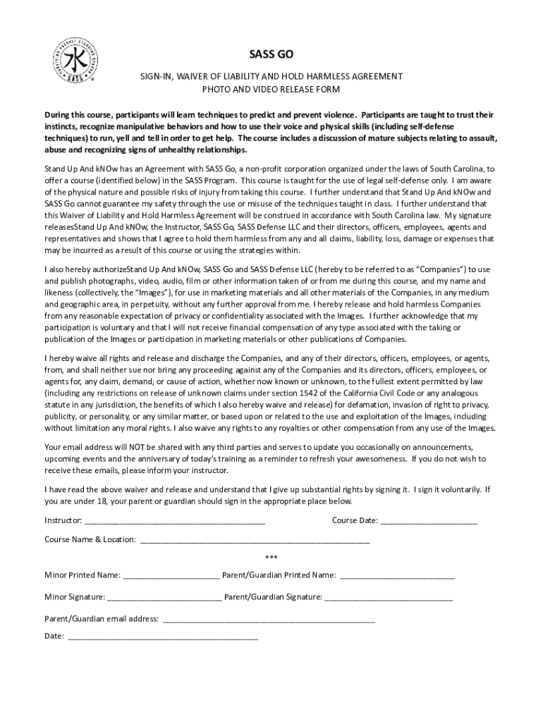Fillable Online Sass Go Sign-in, Waiver of Liability & Photo Release ...