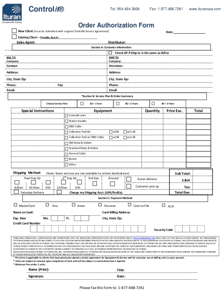 Fillable Online Order Authorization Form for Controlit® Services 2023 ...