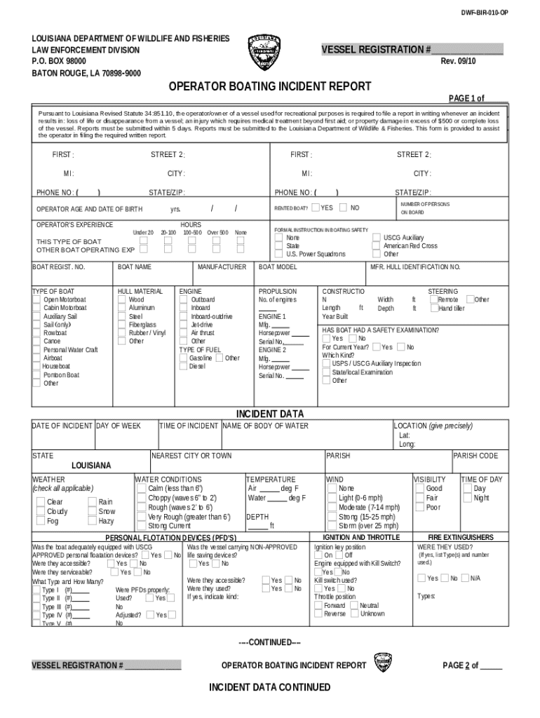 Operator Boating Incident Report Doc Template | pdfFiller