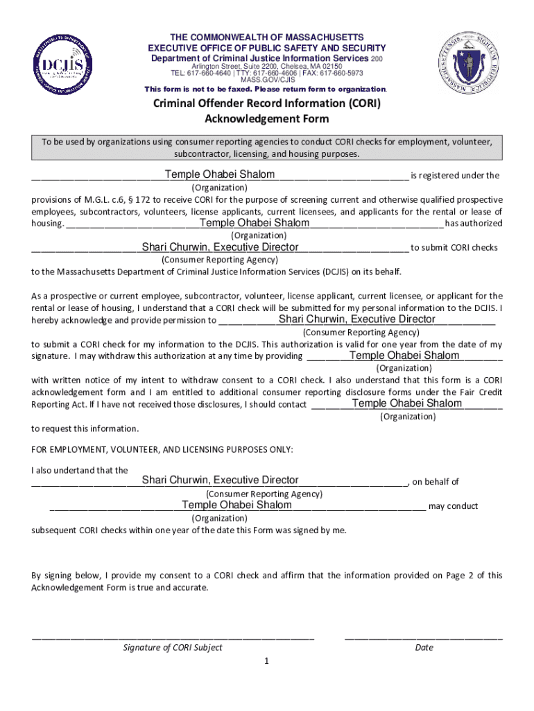 Fillable Online 2023 Cori Acknowledgement Form for Employment and ...