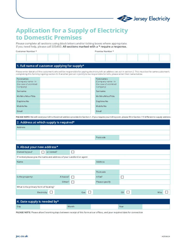 Fillable Online Electricity Supply Application Form for Domestic ...