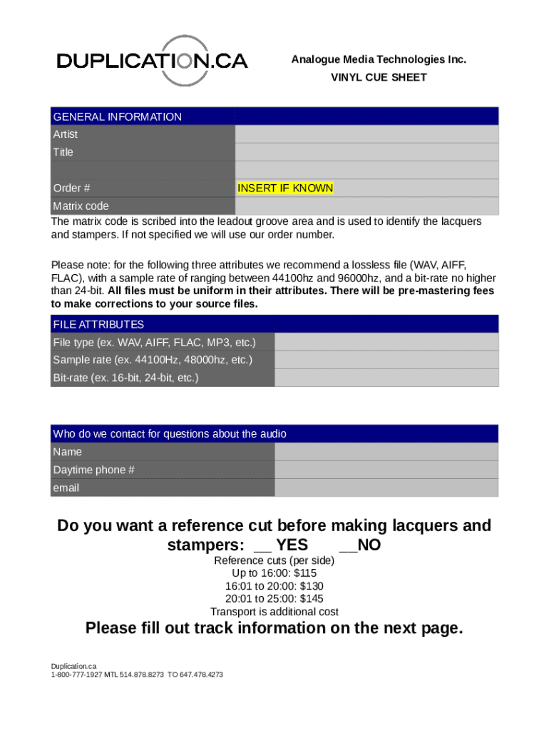 Vinyl Cue Sheet Doc Template | pdfFiller