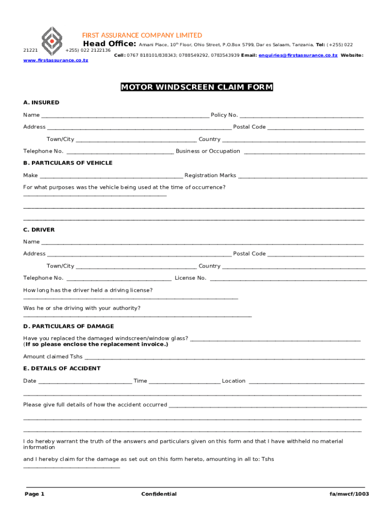 Motor Windscreen Claim Doc Template | pdfFiller
