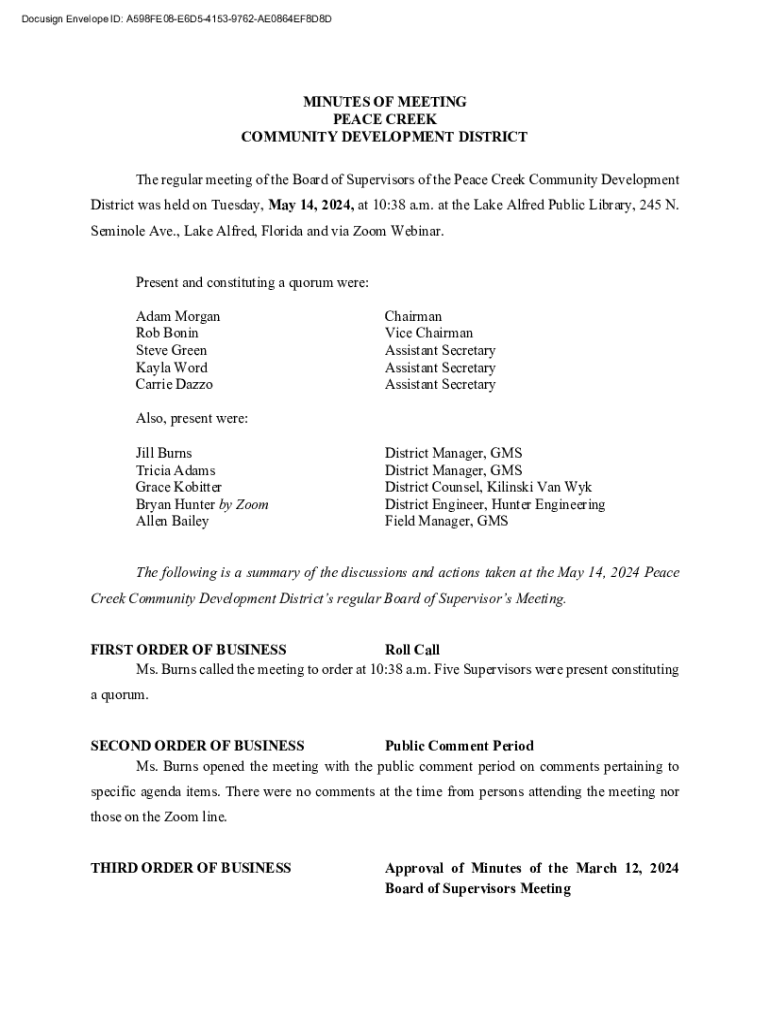 Fillable Online May 14, 2024 Peace Creek Cdd Meeting Minutes - Board of ...