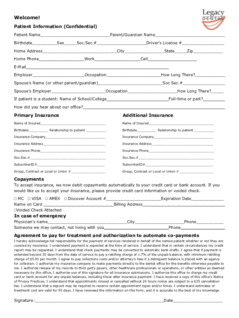 Fillable Online New Patient Forms - Patient Information - Legacy Dental Fax Email Print - pdfFiller