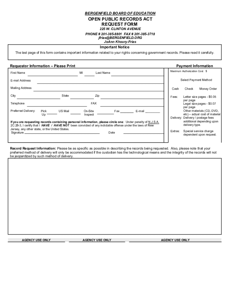 Fillable Online Request Form for Open Public Records Act - Bergenfield ...