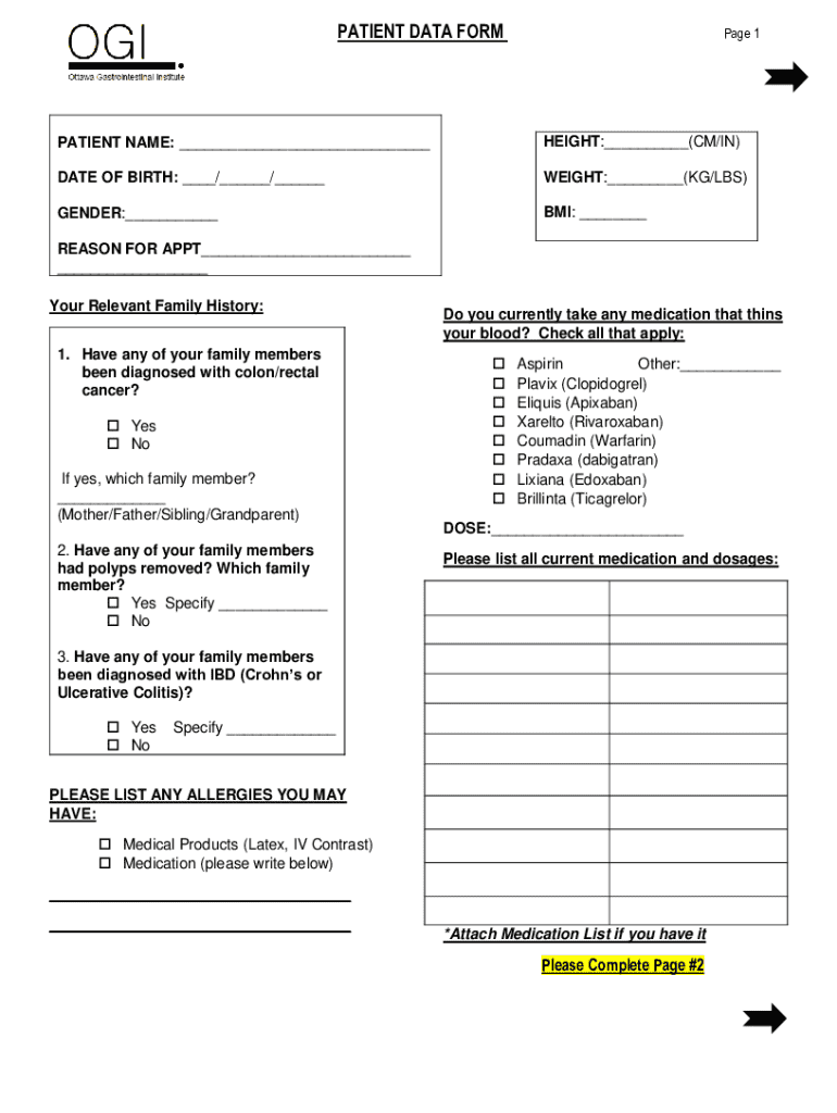 Fillable Online Patient Data Form 2023 - Medical History and Family ...