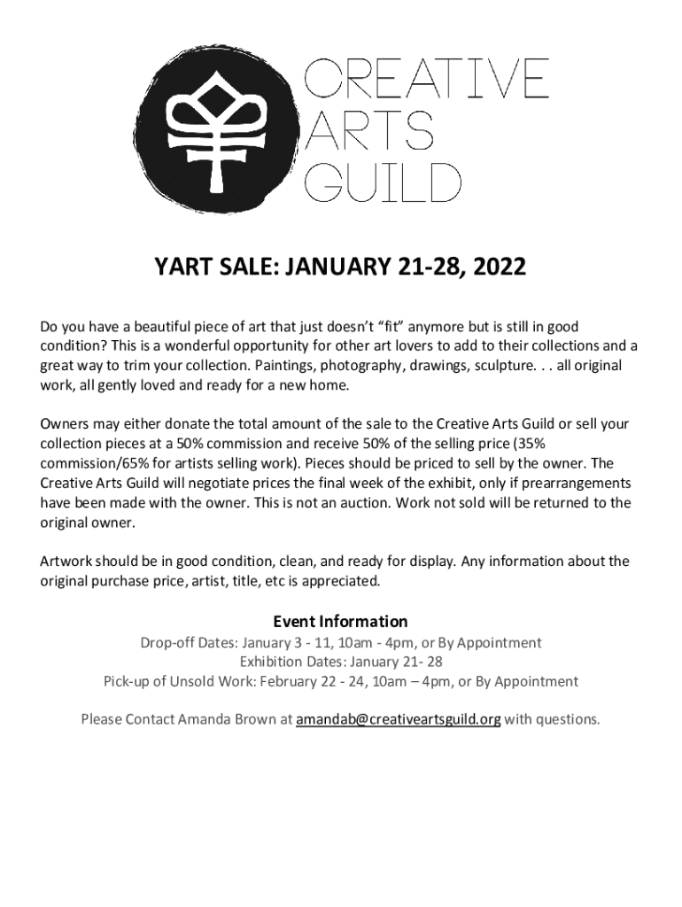 Fillable Online Yart Sale 2022: Showcase and Sell Your Art January 21 ...