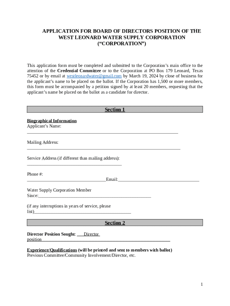 Application for Board of Directors Position Doc Template | pdfFiller