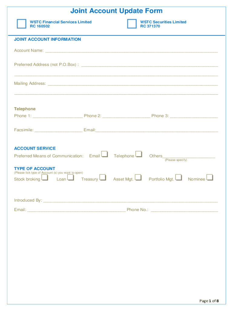 Fillable Online Joint Account Update Form 2023 - Wstc Financial Services Fax Email Print - pdfFiller