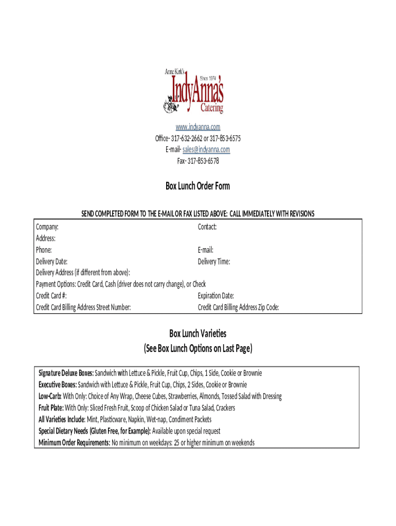 Box Lunch Order Doc Template | pdfFiller