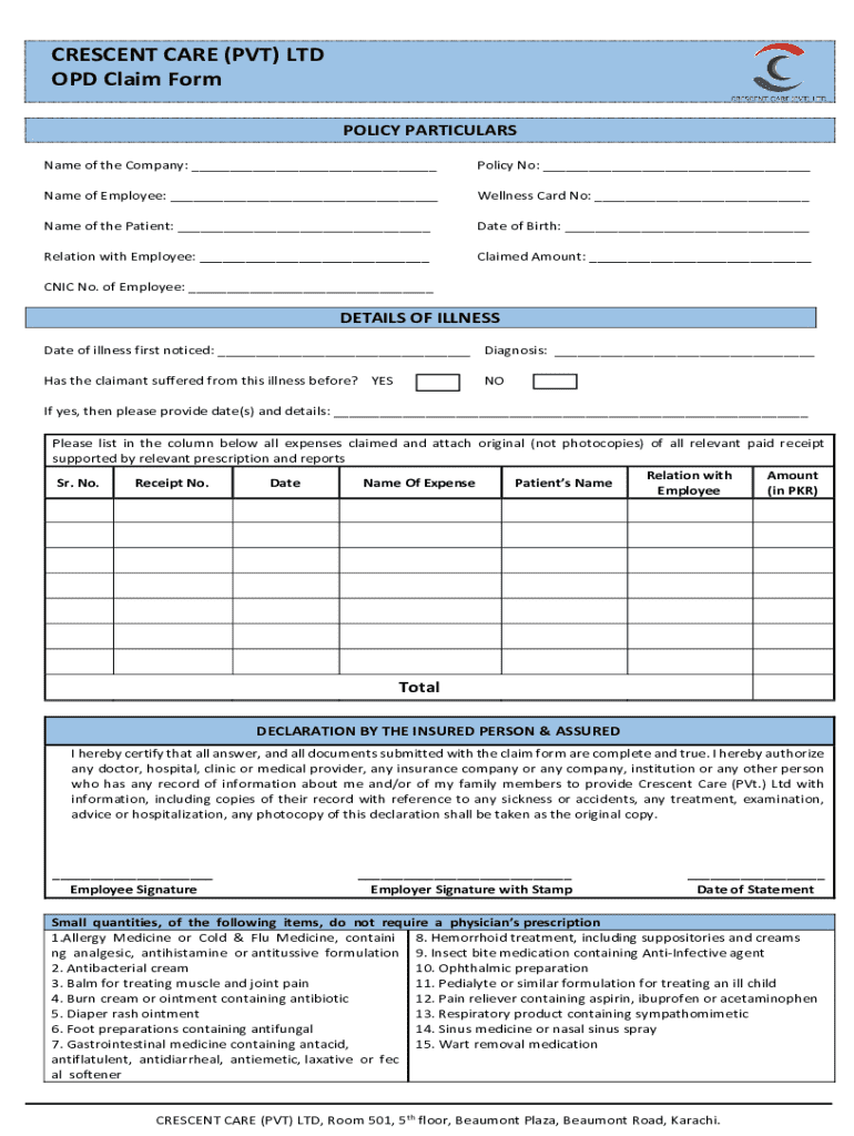 Fillable Online Crescent Care Opd Claim Form 2023 - Health Insurance ...