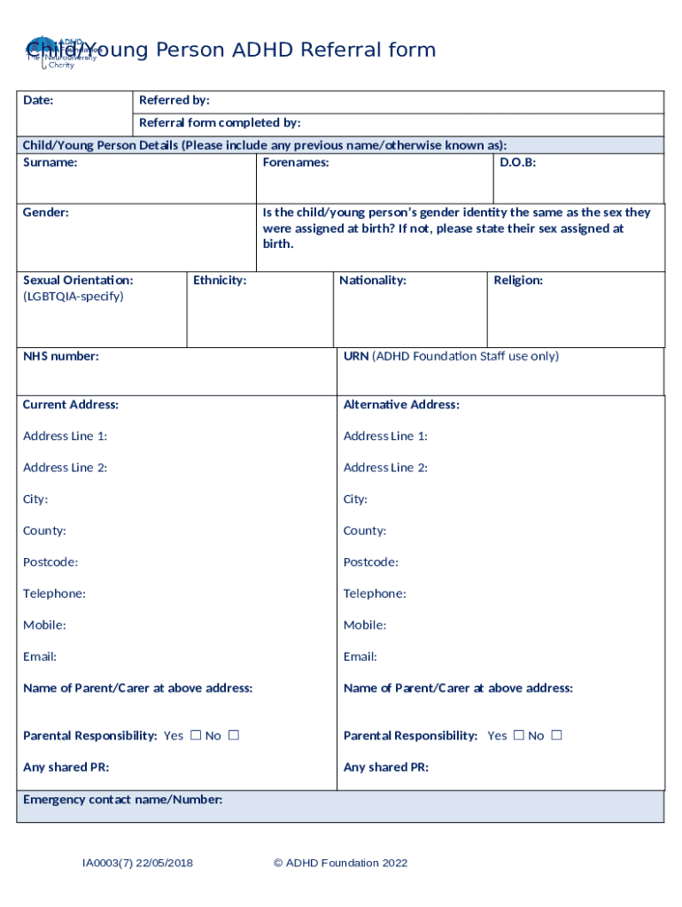 Child/Young Person ADHD Referral Doc Template | pdfFiller