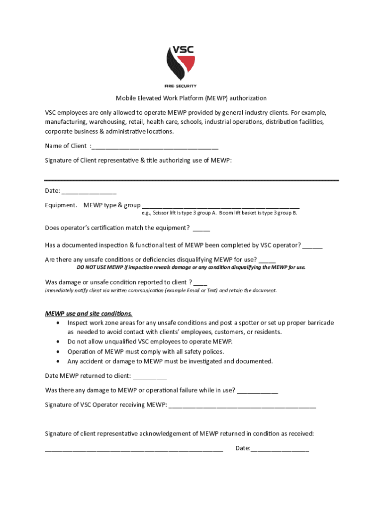 Fillable Online Mobile Elevated Work Platform (MEWP) authorization Fax ...