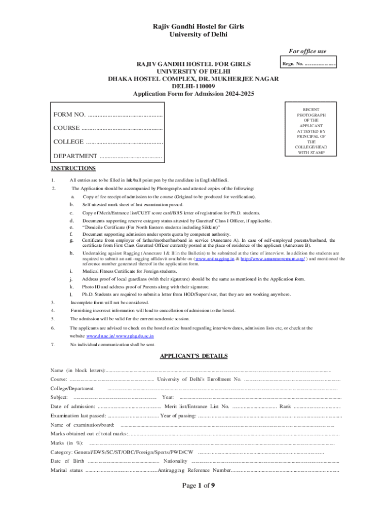 Fillable Online Rajiv Gandhi Hostel for Girls Admission Application ...
