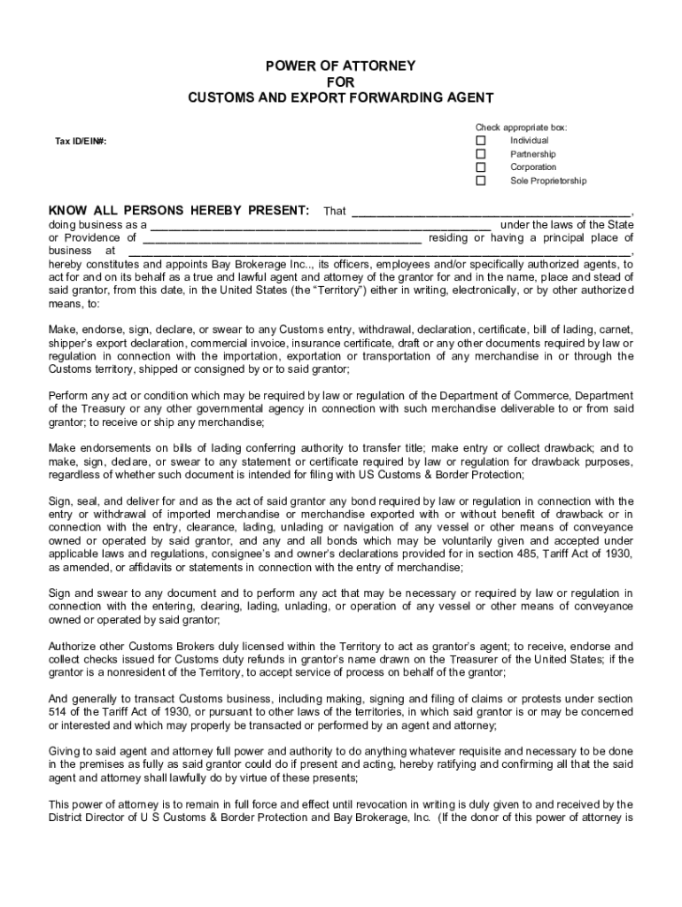 Fillable Online Power of Attorney for Customs and Export Forwarding ...