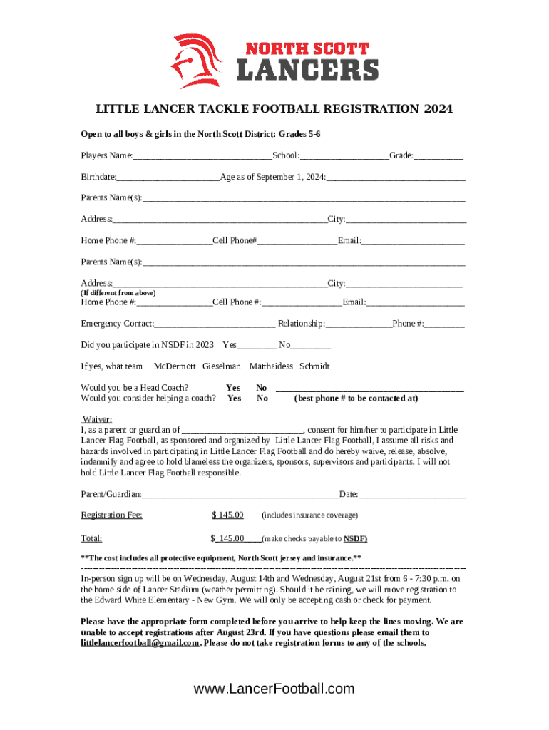 Little Lancer Tackle Football Registration 2024 Doc Template | pdfFiller