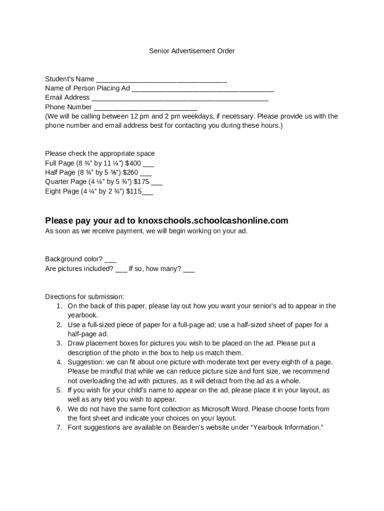 Senior Advertisement Order Doc Template | pdfFiller