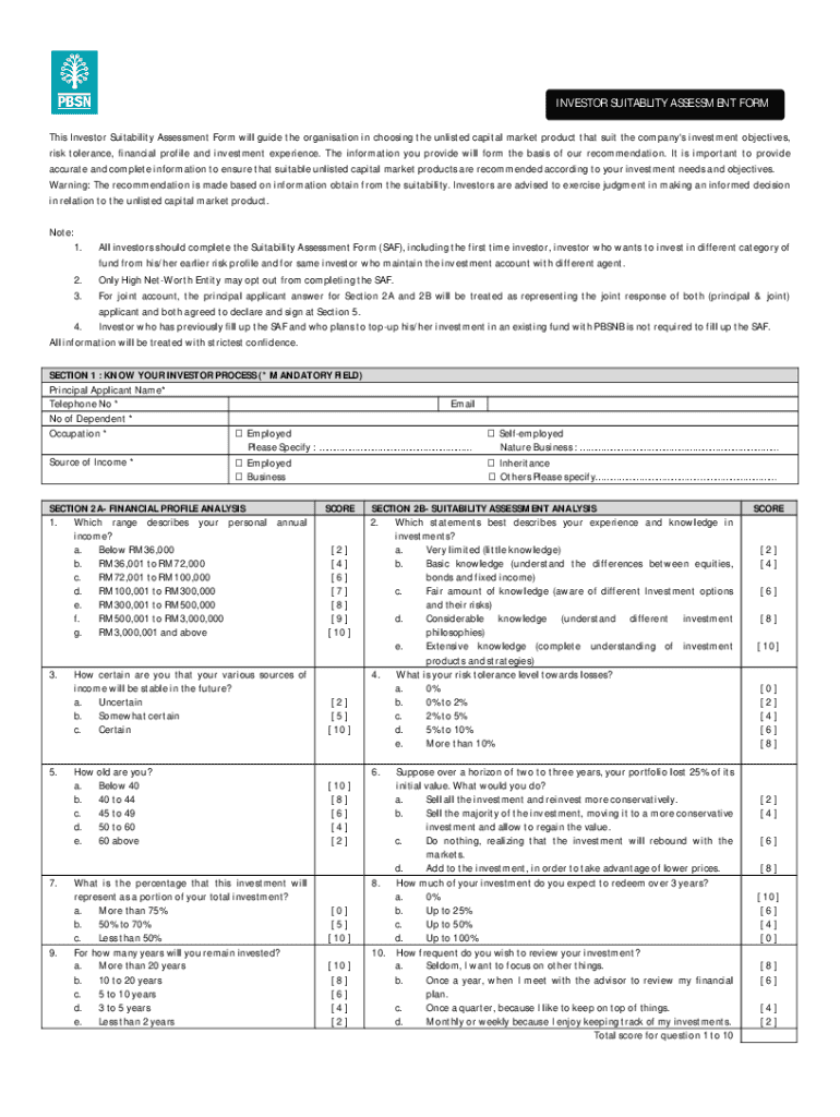 Fillable Online INVESTOR SUITABLITY ASSESSMENT FORM Fax Email Print ...