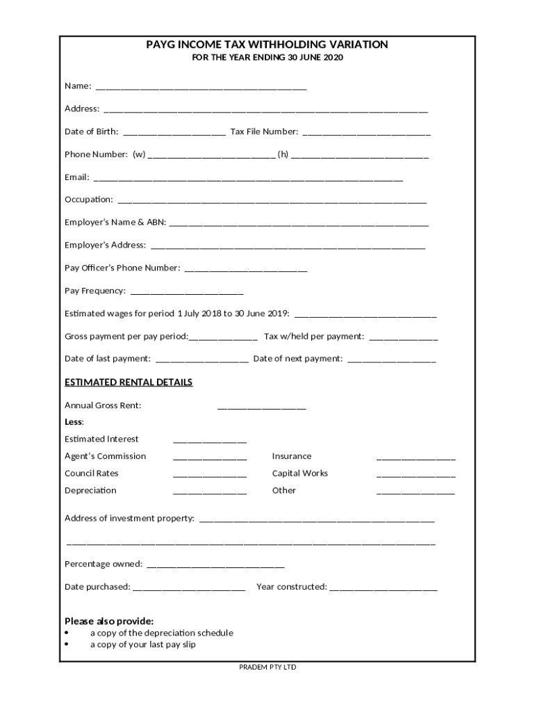 Payg Income Tax Withholding Variation Doc Template | pdfFiller