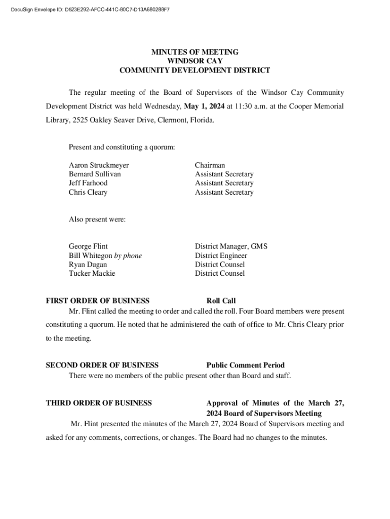 Fillable Online Windsor Cay Cdd Meeting Minutes - May 1, 2024 Fax Email ...