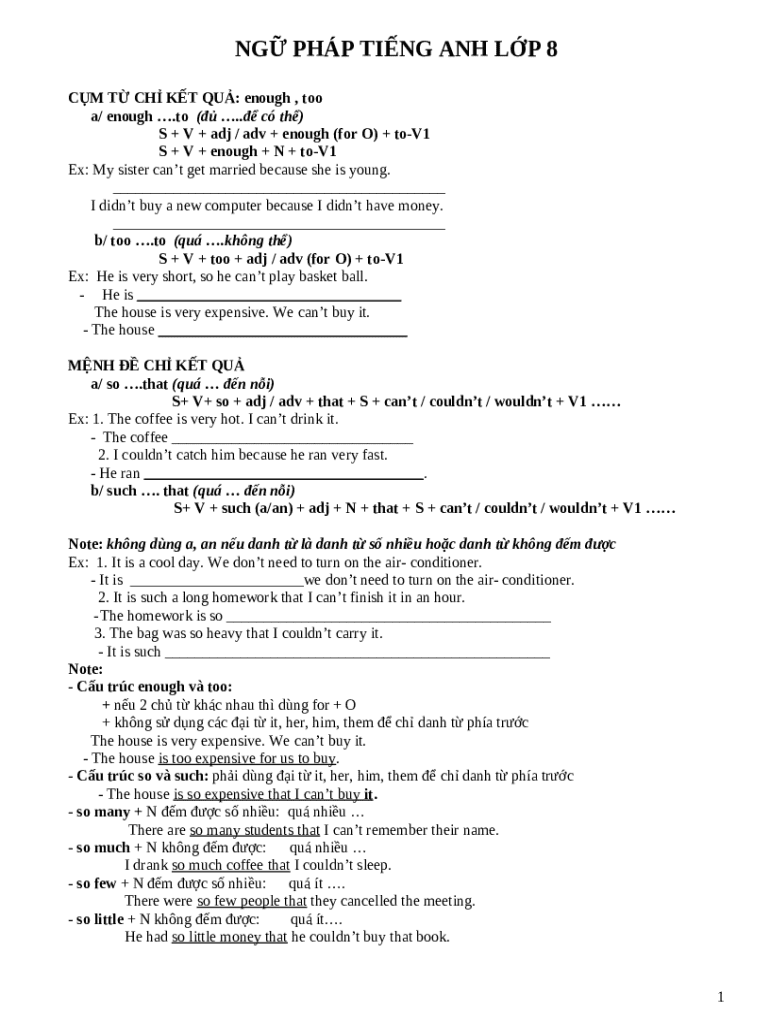Ngữ Pháp Tiếng Anh Lớp 8 Doc Template | pdfFiller