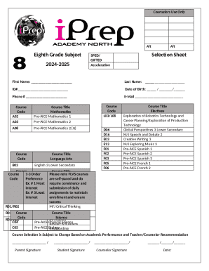 Eighth Grade Subject Selection Sheet Doc Template | pdfFiller