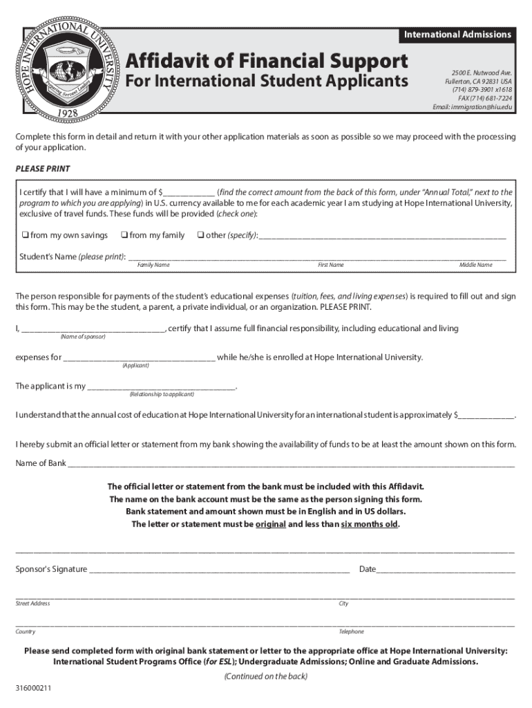 Fillable Online Affidavit of Financial Support for International ...