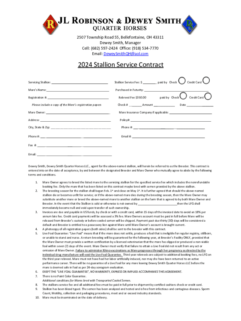 Fillable Online 2024 Stallion Service Contract for Mare Breeding in ...