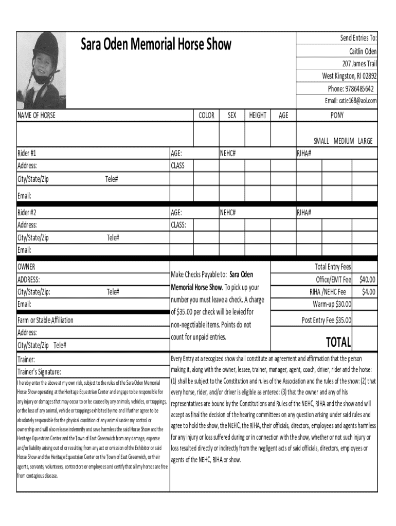 Fillable Online Sara Oden Memorial Horse Show 2023 Entry Form ...