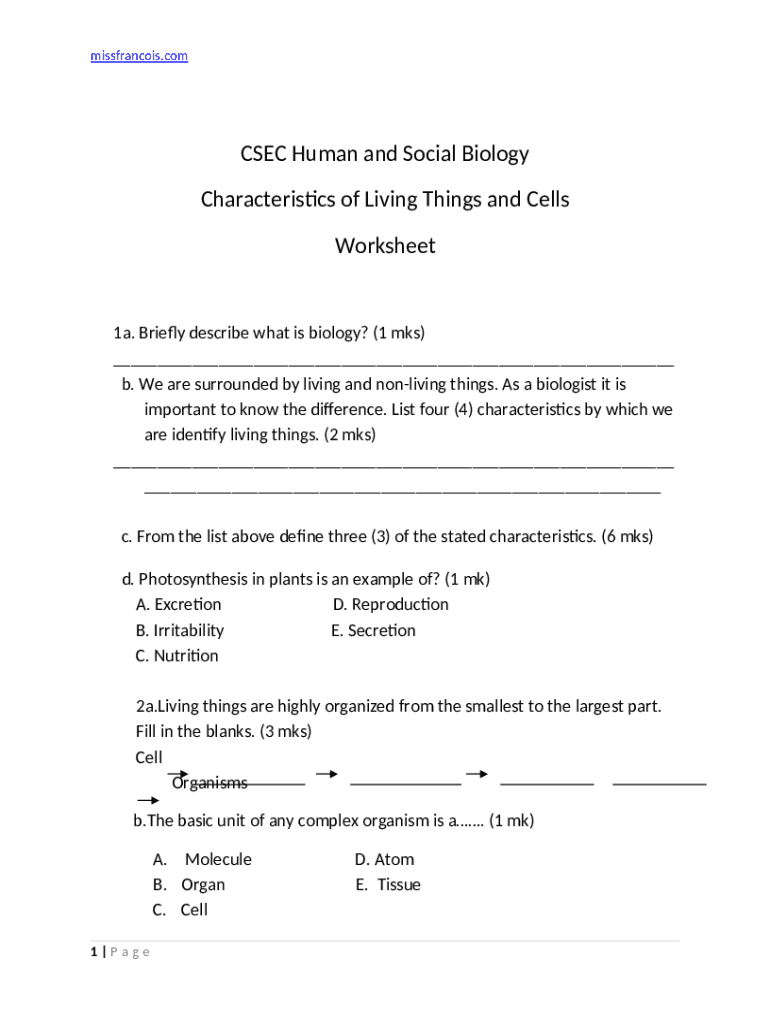 Csec Human and Social Biology Worksheet Doc Template | pdfFiller