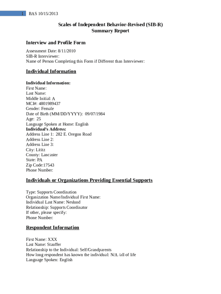 Scales of Independent Behavior-revised (sib-r) Summary Report Doc ...