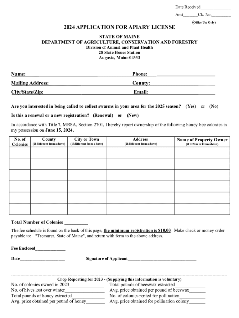 Fillable Online 2024 Apiary License Application - Maine Beekeeping ...