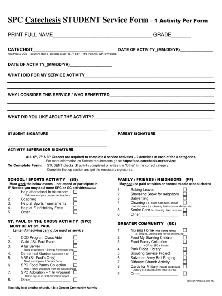 Fillable Online Spc Catechesis Student Service Form 2022-2023 Fax Email ...