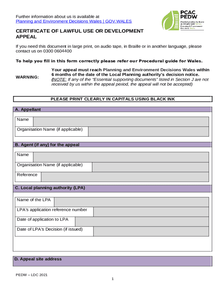 Certificate of Lawful Use or Development Appeal Doc Template | pdfFiller